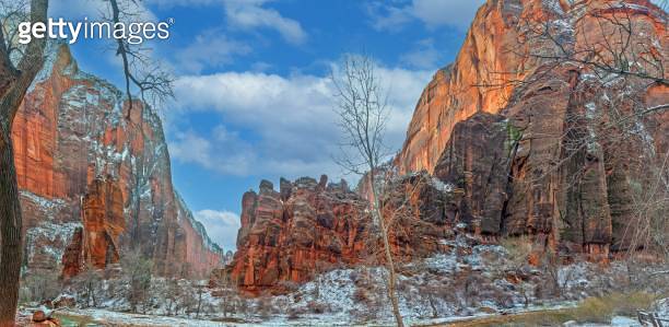 Panoramic picture from Zion National Park in Utah in winter with snow ...