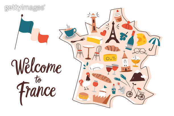 France map with doodles, French national symbols on country shape ...