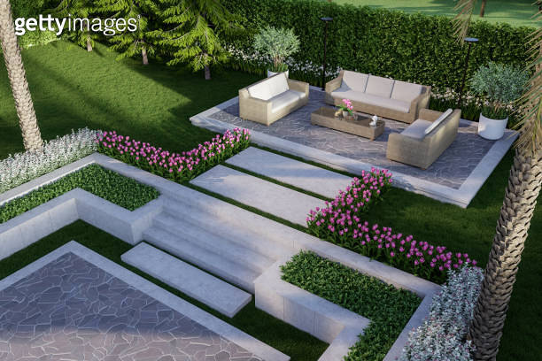 Aerial view of modern contemporary loft style terrace with green fence ...