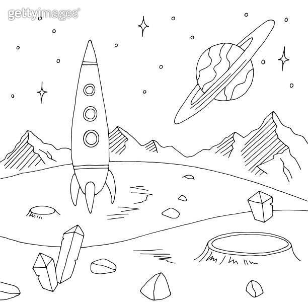 Rocket landed alien planet graphic black white space landscape sketch ...