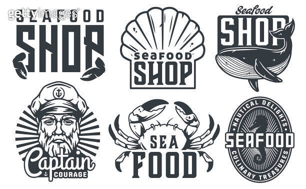 Collection of vintage style seafood shop logos featuring marine motifs ...