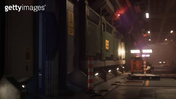 Bunker corridor with warning signs and dim lighting (1777562226) - 게티이미지뱅크