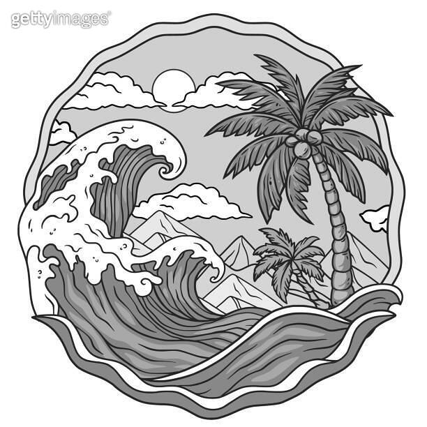 Monochromatic line drawing featuring a scenic tropical beach with a ...