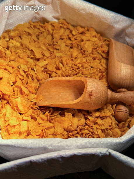 Close-up image of market stall display of breakfast cereal with wooden ...
