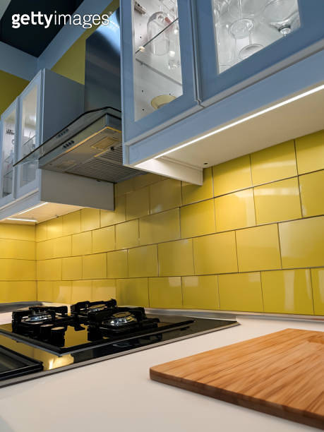 Close-up image of modern kitchen, three burner gas hob stove rings ...