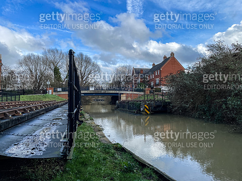 Oxford, UK - 11.Feb.2024 Rewley Road Swing bridgen in oxford under blue ...