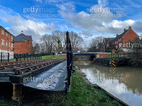 Oxford, UK - 11.Feb.2024 Rewley Road Swing bridgen in oxford under blue ...