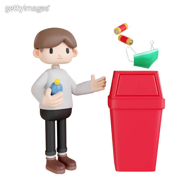 3d renderring a man with a red rectangular trash can and garbage ...
