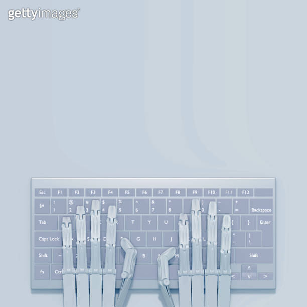 Cartoon style Hands of ai robot typing on keypad. Robotic cyborg hand ...