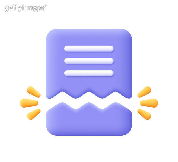 Torn document file or ripped paper sheet. Broken report, file error. 3d ...