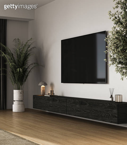 Modern entertainment area with wall mounted TV and decorative plants 3d ...