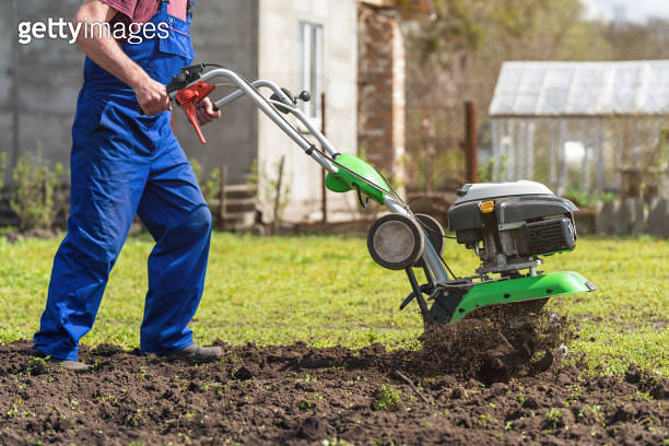 A farmer in the garden tills the land with a motorized cultivator or ...