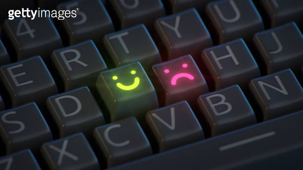 Happy and sad emoticons on the keyboard 3D render 이미지 (2058403916) - 게티 ...