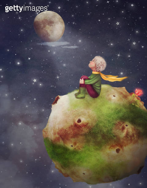 The Little Prince on his little planet with rose in front of beautiful ...