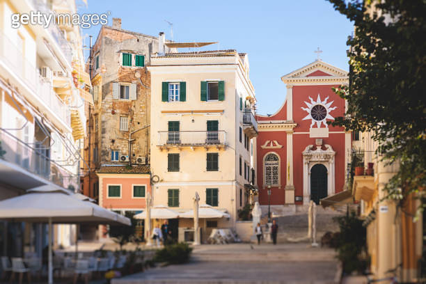 Corfu street view, Kerkyra old town beautiful cityscape, Ionian sea ...