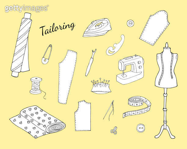 Hand-drawn sewing tools set. Tailors accessories, supplies, and ...