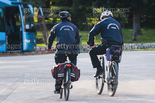 Hellenic Police on bikes with Greek Police logo on uniform, Greek ...
