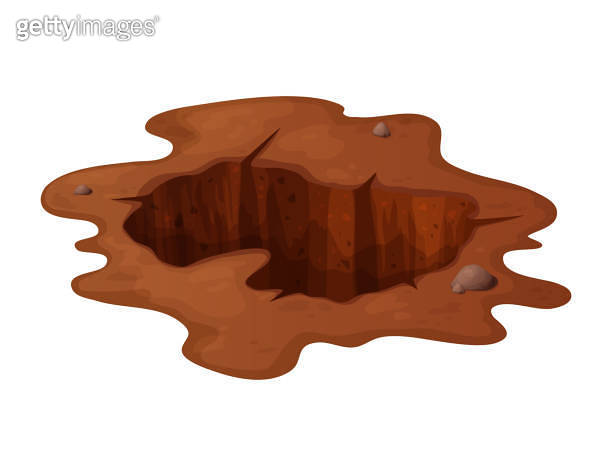 Ground pit hole in cartoon with stones and soil. Dirty brown ...