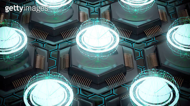 Connected glowing Qubit processors on hexagonal background. Quantum computing concept 이미지 ...