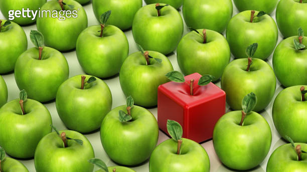 Red Cube Shaped Apple Standing Out Among Green Apples 이미지 (2132185984 ...