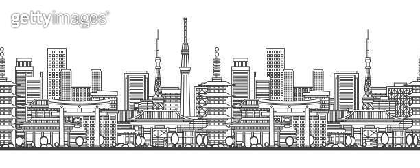 Seamless pattern with japanese city. Outline skyline with modern and ...