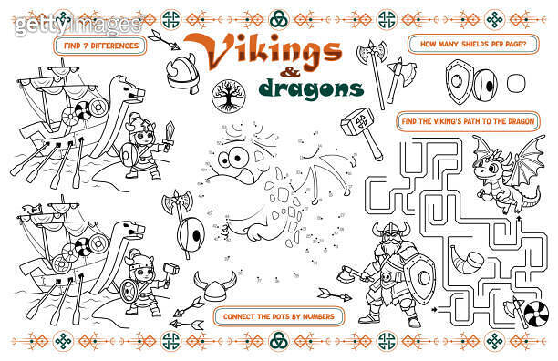 Printable activity sheet "Vikings and dragons" with a labyrinth ...