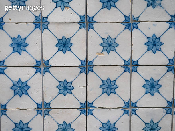 Blue ceramic tiles from wall at Monte palace tropical garden at Funchal ...