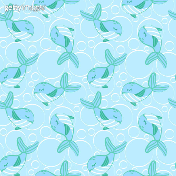 Nautical abstract seamless pattern with whale, doodle hand drawn sea ...