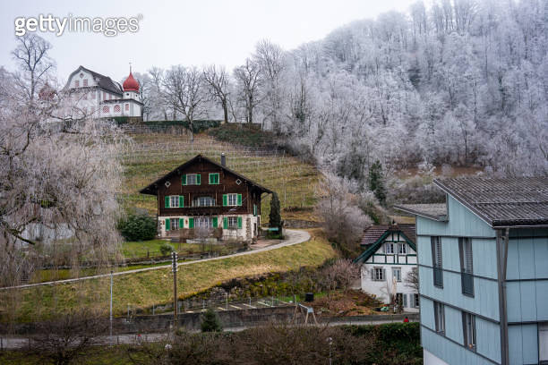 landscape horizontal still from sarnen in switzerland in winter 이미지 ...