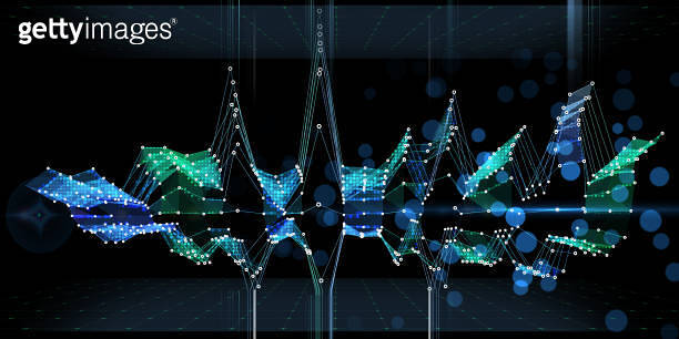 Abstract background color graph from points and noisy lines on dark. Technology wireframe ...
