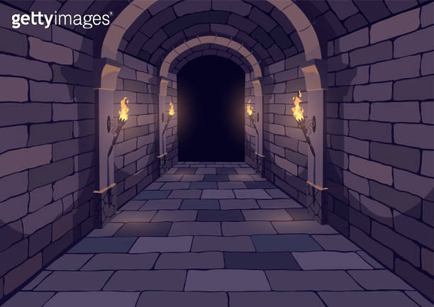 Dark Dungeon. Long medieval castle corridor with torches. Interior of ...