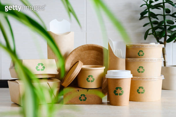 Eco-friendly disposable green leaf tableware. Paper packaging with a ...