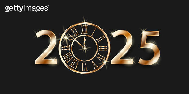 New Year 2025 golden gradient numbers with golden vintage clock ...