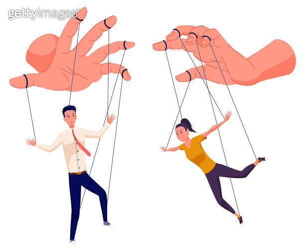 Puppeteer hands controlling puppets, manipulator concept. Worker being ...