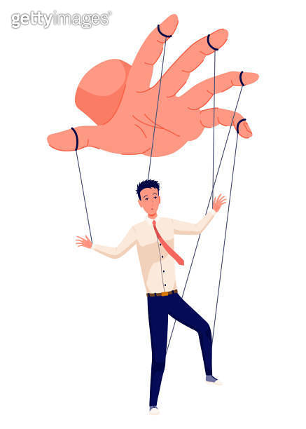 Puppeteer hand controlling puppet. Business man or worker being ...