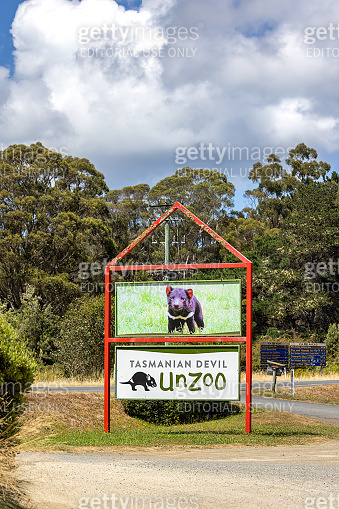 Sign for the Tasmanian Devil Unzoo, a wildlife sanctuary with native ...