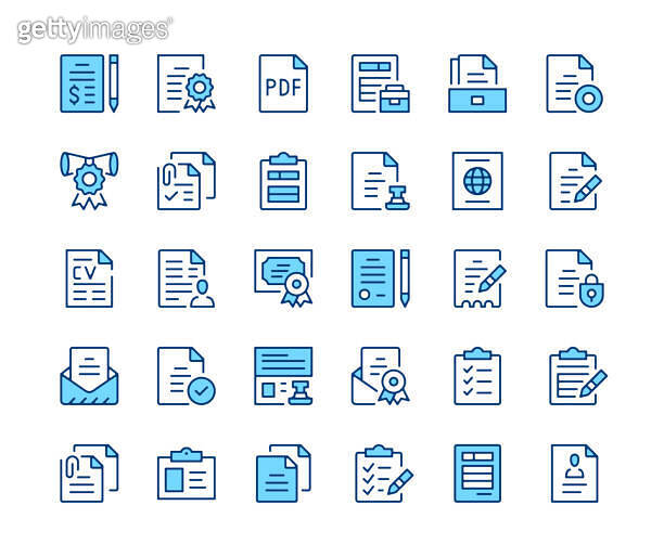 Document icons set. Vector line icons. Blue color outline stroke ...