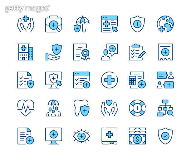 Health insurance icons set. Vector line icons. Blue color outline ...