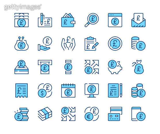 British pound sterling icons set. Vector line icons. Blue color outline ...