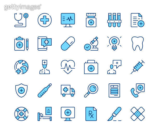 Healthcare icons set. Vector line icons. Blue color outline stroke ...