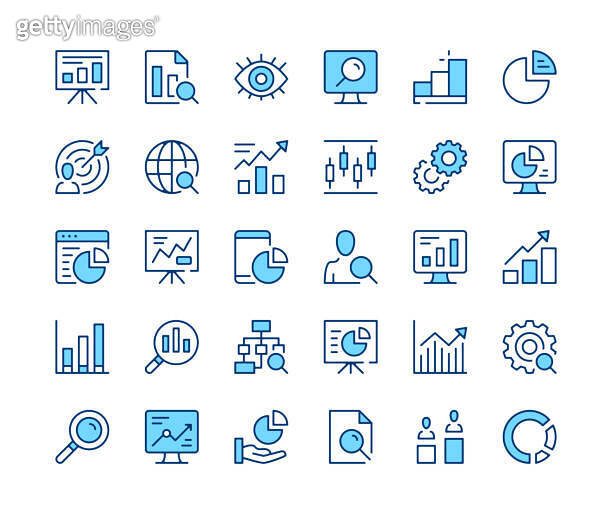 Data analysis icons set. Vector line icons. Blue color outline stroke ...