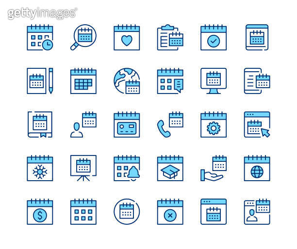 Calendar icons set. Vector line icons. Blue color outline stroke ...
