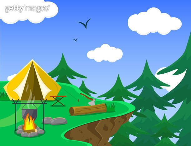 Camping with a tent in nature. Cooking on a fire. Summer vacation ...