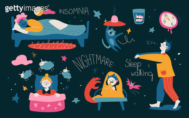 Insomnia and nightmares - modern colored vector illustration set 이미지 ...