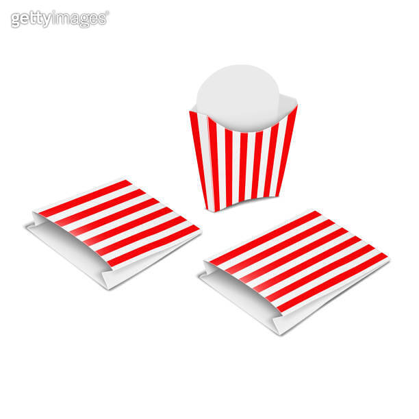 Paper french fry box and paper pouch bags. White and red striped design ...