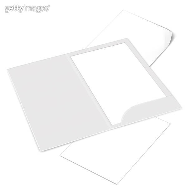 Open white file folder with blank paper sheets. Realistic vector mockup ...