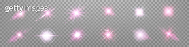 Pink lens flares set. Sun flash with rays or spotlight and bokeh. Glow ...