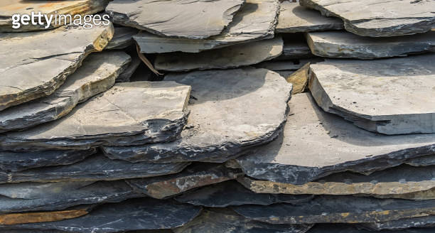 Stack flat slate stones cladding of wall used for flooring, walkways or ...