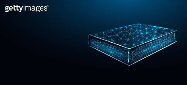Book. Education concept with glowing low poly book on dark blue ...