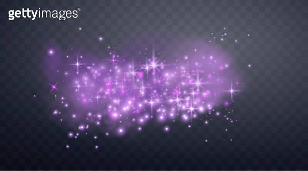 Purple magic sparks and dust stars. Purple glow flare light effect ...